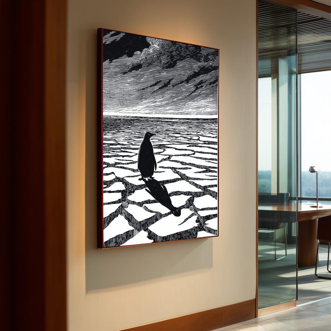 Lone Nihilist Penguin Wall Art Print on Ice With Shadow Illusion ...