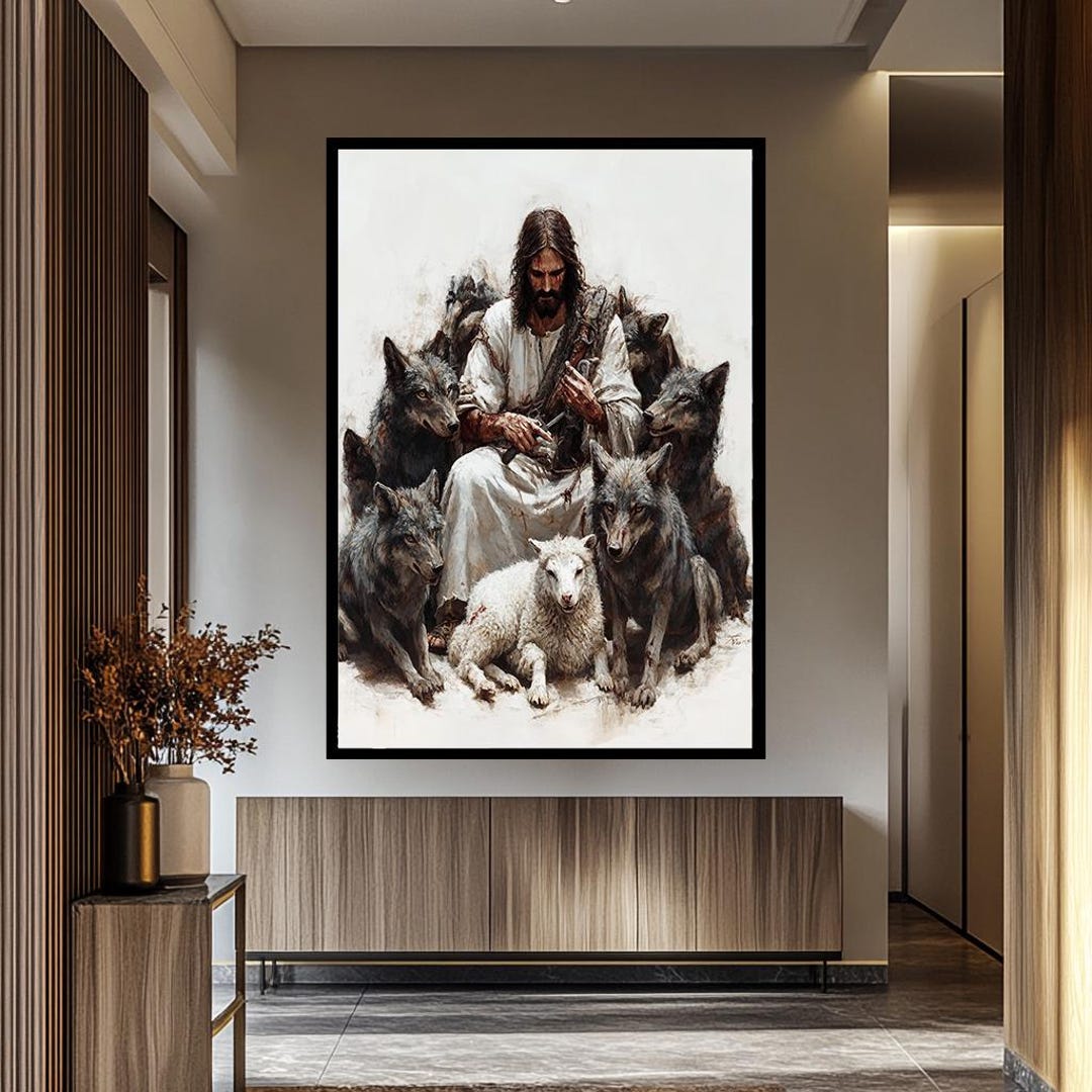 Powerful Jesus Wall Art Canvas | Christ Protecting the Lamb | Religious ...