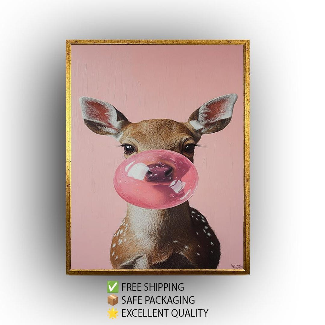 Cute Deer Blowing Bubble Gum Canvas Wall Art – Funny Animal Print With ...