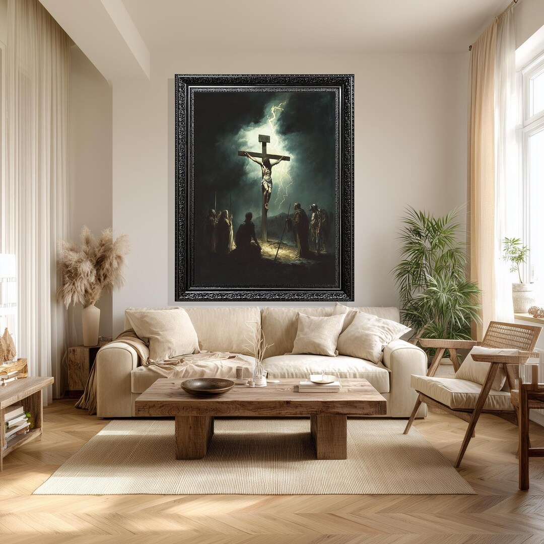 Jesus Crucifixion Canvas Wall Art, Dark Biblical Scene With Lightning ...