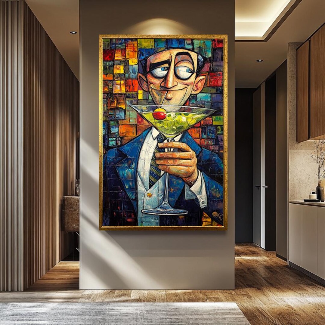 Guy Buffet Style Canvas Wall Art Print of Man in Suit Holding Martini ...