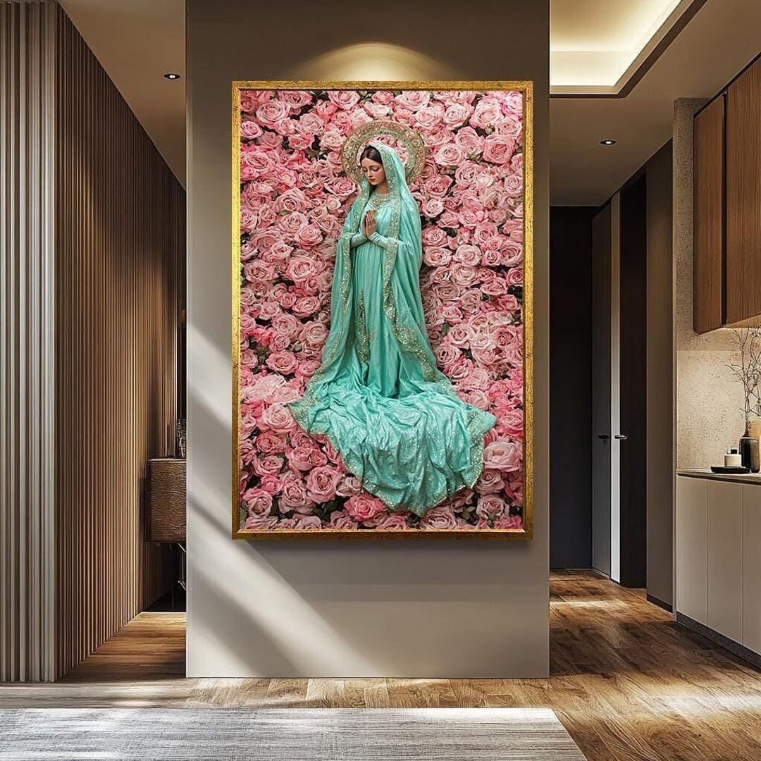 Virgin Mary Wall Art | Elegant Mother Mary Surrounded by Pink Roses ...