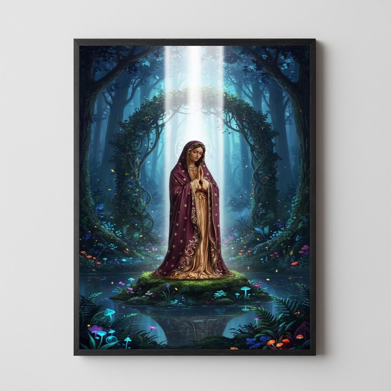 Tela impressa com imagem da Mãe Maria mística em uma floresta encantada ...