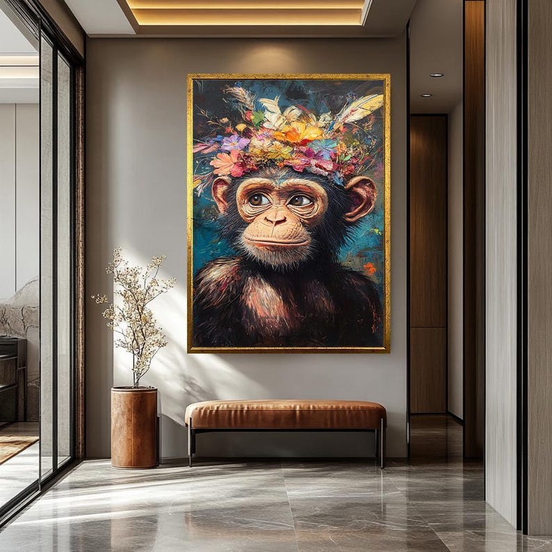 Monkey Portrait Canvas Wall Art Surreal Baby Chimpanzee With Colorful ...
