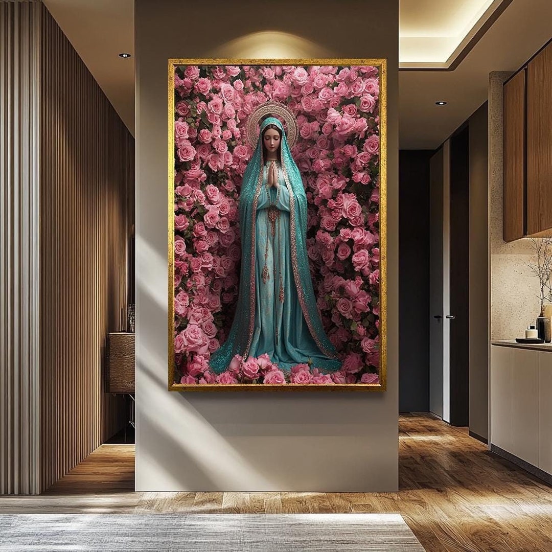 Virgin Mary Wall Art - Graceful Mother Mary Amid Pink Roses - Catholic ...