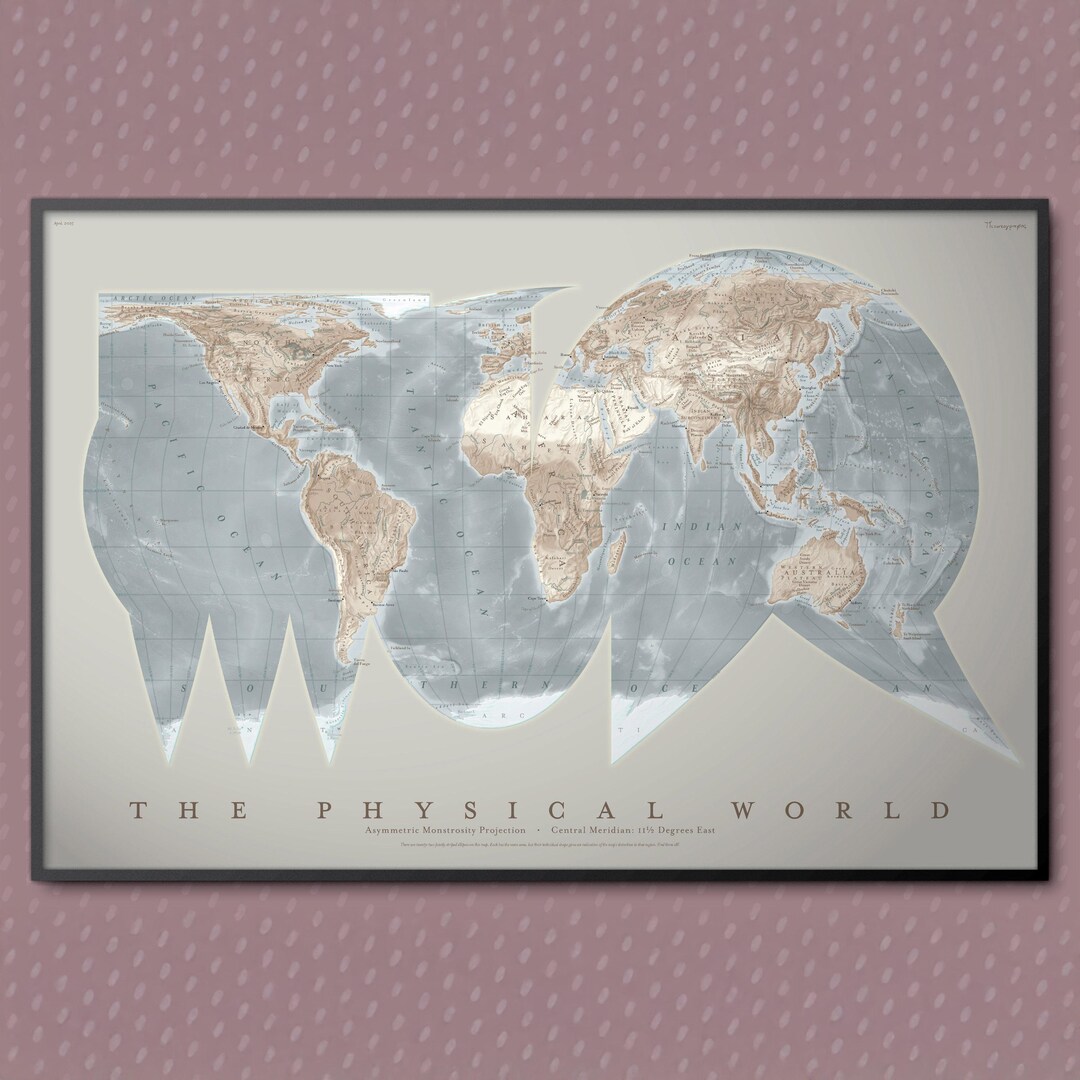 World Physical Map in Asymmetric Monstrosity Projection - Etsy
