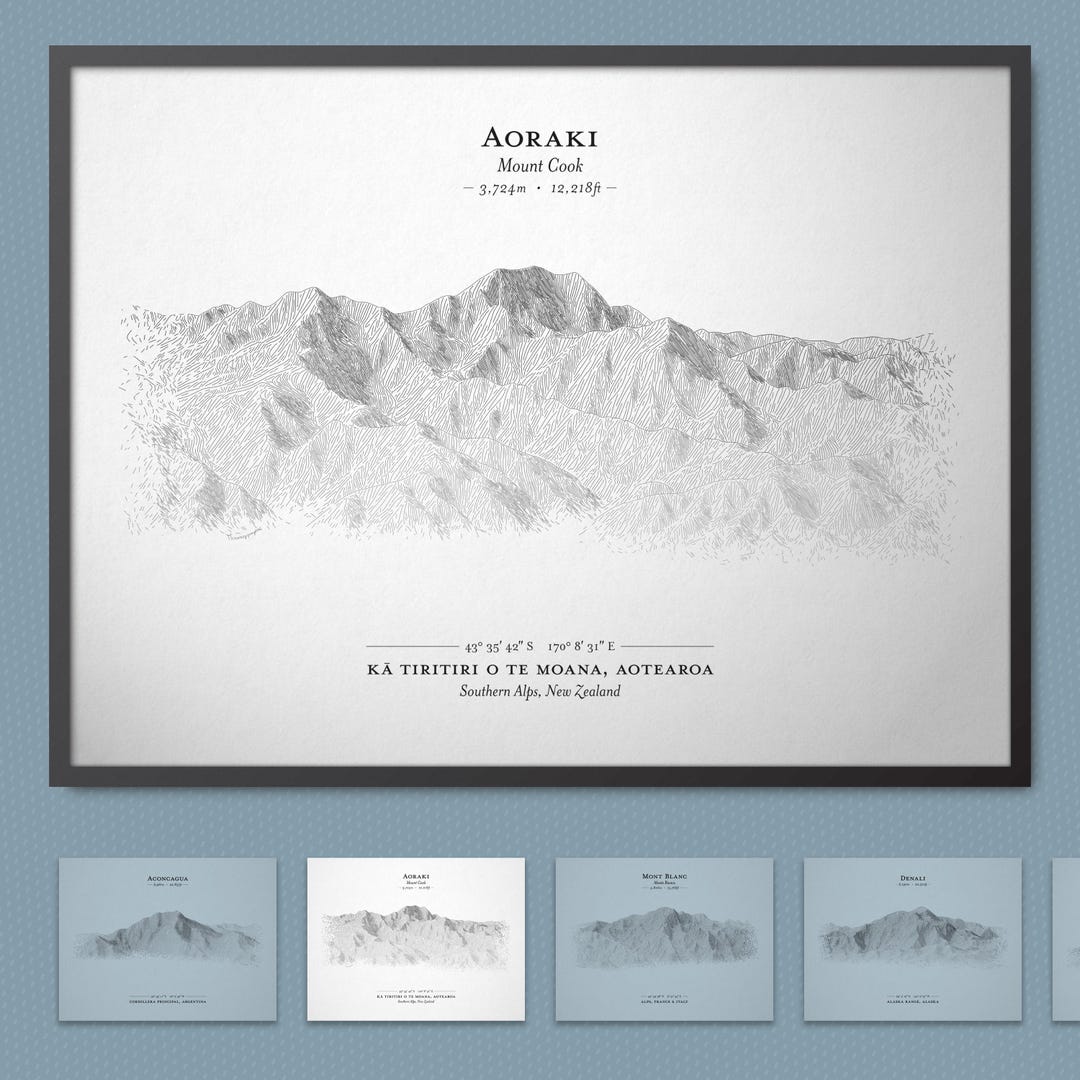 Aoraki / Mt. Cook Landform Sketch Poster (highest Peak New Zealand ...