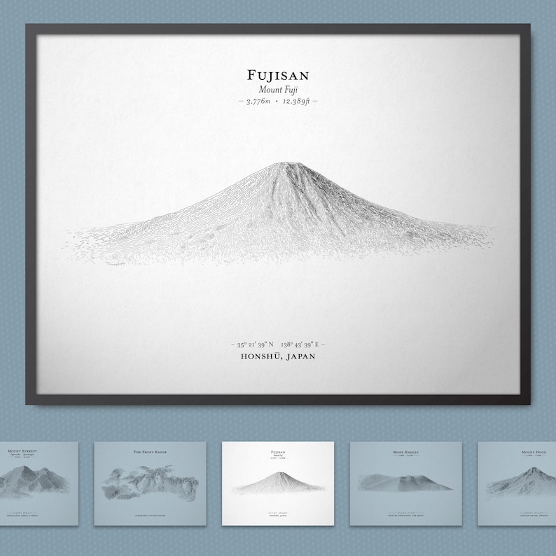 Mount Fuji / Fujisan Landform Sketch Poster (highest Point in Japan) | Terrain Map Wall Art With ...