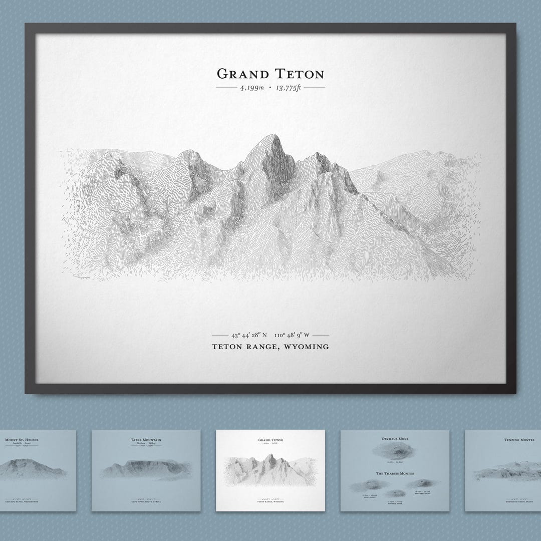 Grand Teton Landform Sketch Poster (iconic National Park) | Terrain Map ...