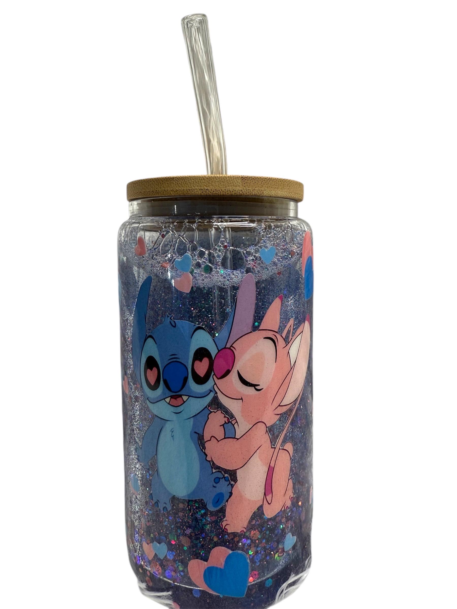 12 Oz. Disney Stitch and Angel Fast Flow Snow Globe Glass Can Tumbler ...