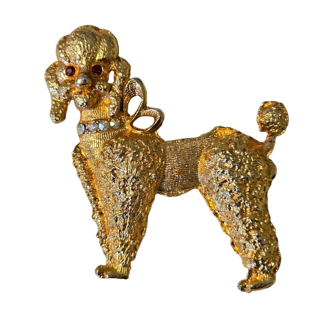 Vintage Gold Tone Poodle Dog Pin With Red Eyes and Rhinestone Collar - Etsy