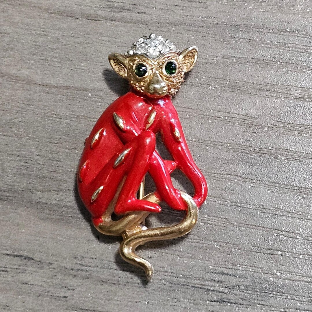 Vintage Crown Trifari RARE Red Monkey Brooch With Rhinestone & Gold ...