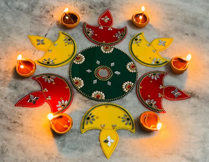 DIYA Acrylic RANGOLI (red ,yellow , Green ) 16inchesx16inches a Set of ...