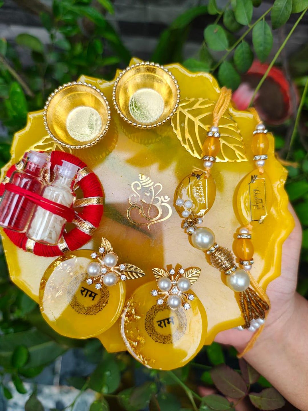 Resin Rakhi Pooja Thali Set: Bhaiya Bhabhi Rakhi, Soun, Roli Chawal - Etsy