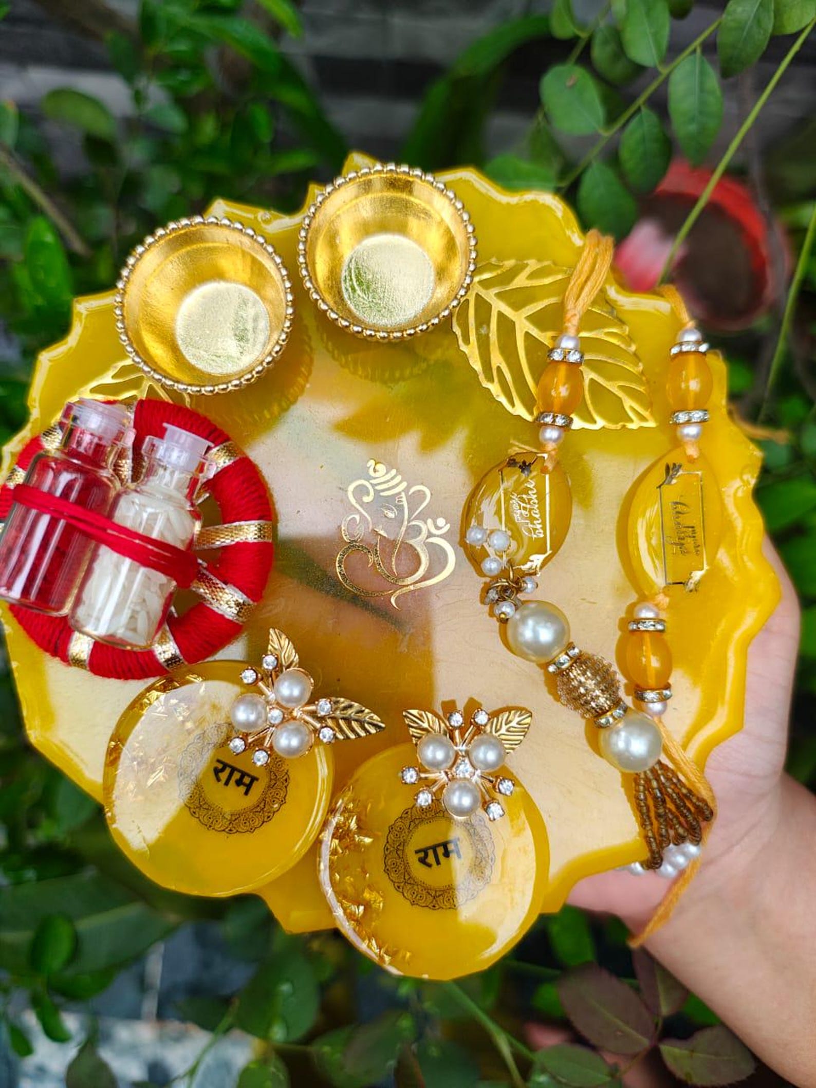 Resin Rakhi Pooja Thali Set: Bhaiya Bhabhi Rakhi, Soun, Roli Chawal - Etsy