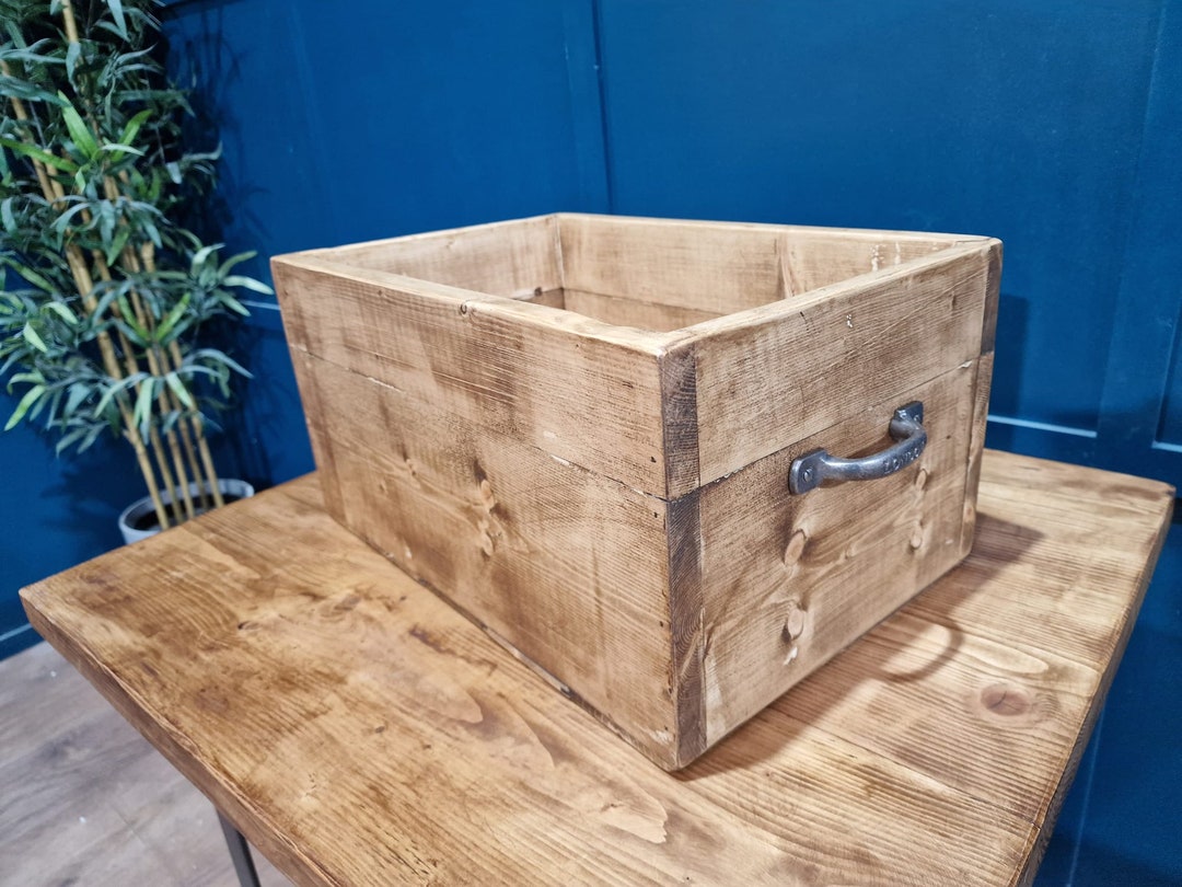 Rustic Wooden Storage Box in Rugger Brown Wax Finish. 30cm W X 35cm H X ...