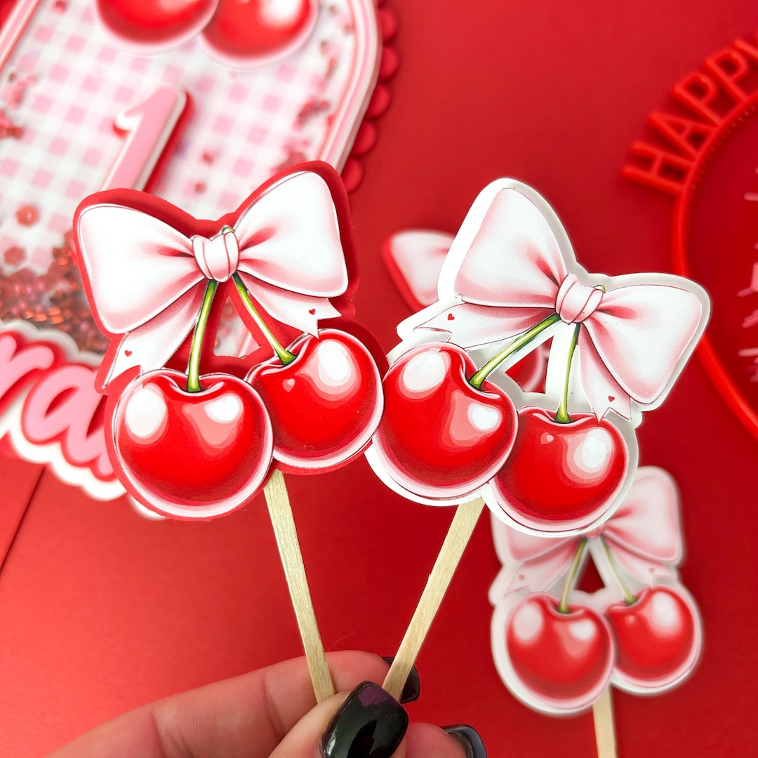 Cherry Cupcake Toppers Girl Birthday Party Decor Cherry Bow Theme Party ...