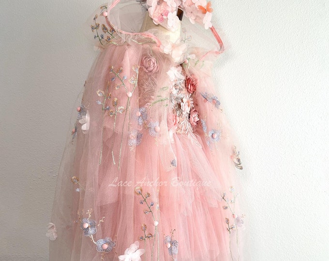 Embroidered Floral Tulle Fairy Cape - Girls Tied Flower Print Enchanted ...