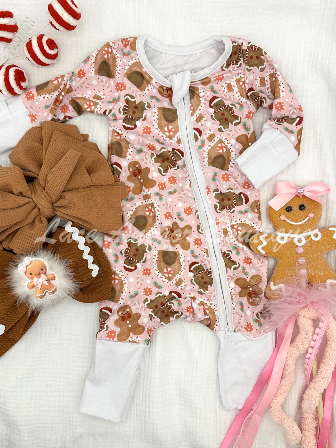 Gingerbread Girl Pink Baby Onesie Girls Blush and White Holiday Zippie ...