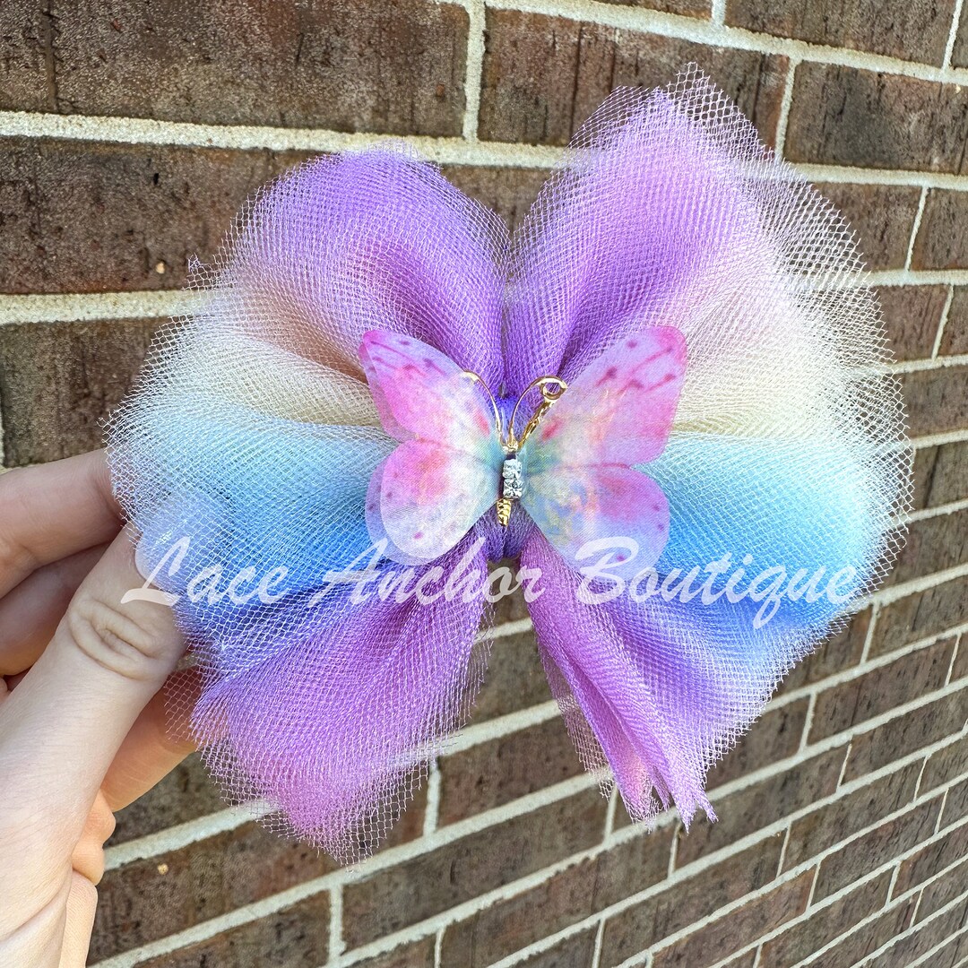Butterfly Rainbow Color Tulle Hair Bow or Piggies - Glitter Toddler ...
