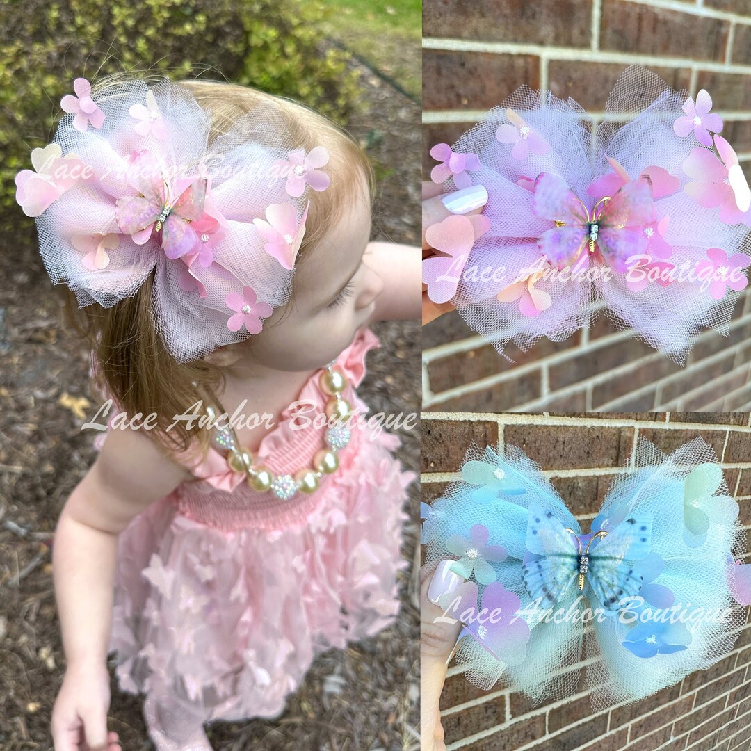 Butterfly Floral Tulle Hair Bows - Light Pink or Blue Toddler Fairy ...