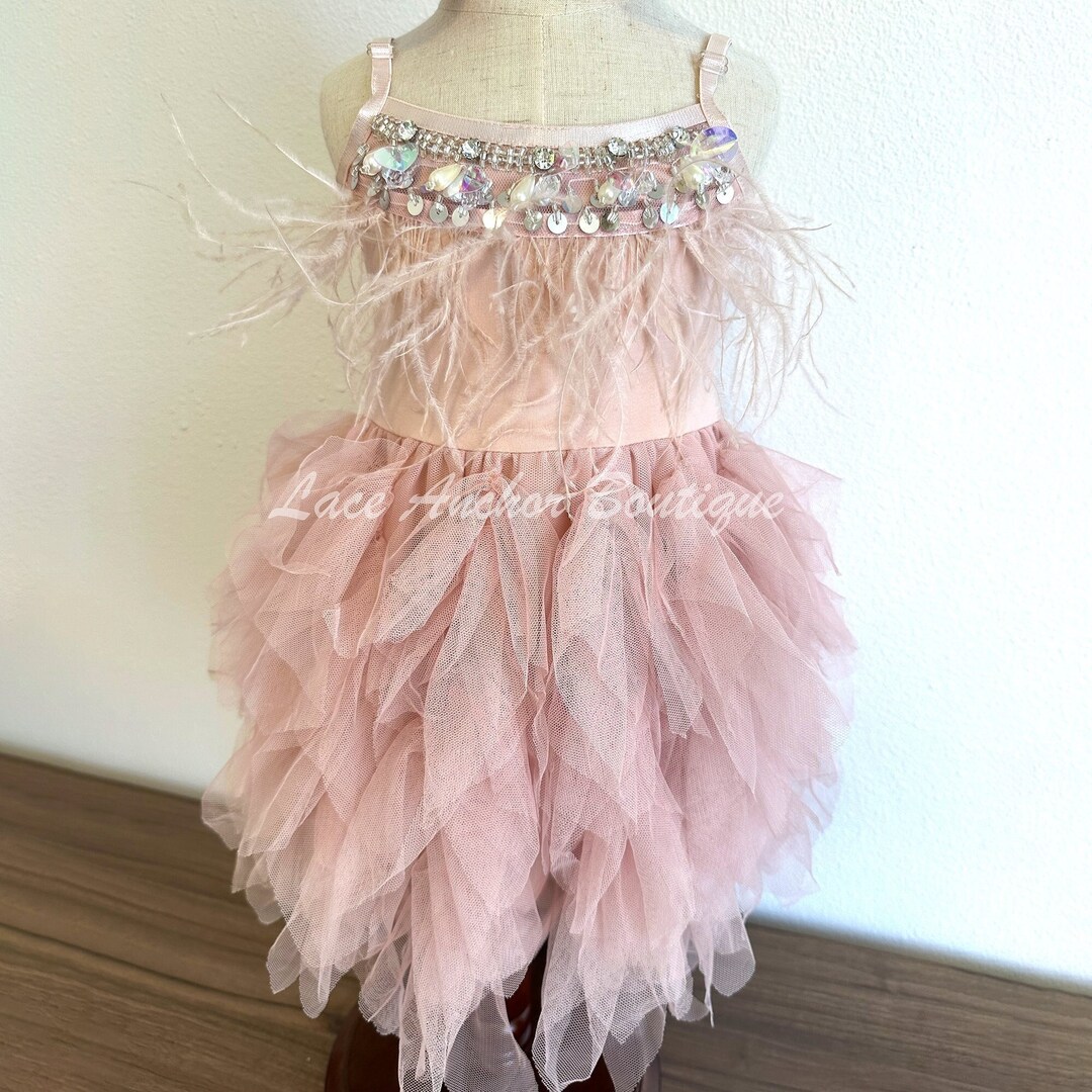 Feather Rhinestone Tulle Pink Girl Dress, Blush Glam Ruffled Girls ...