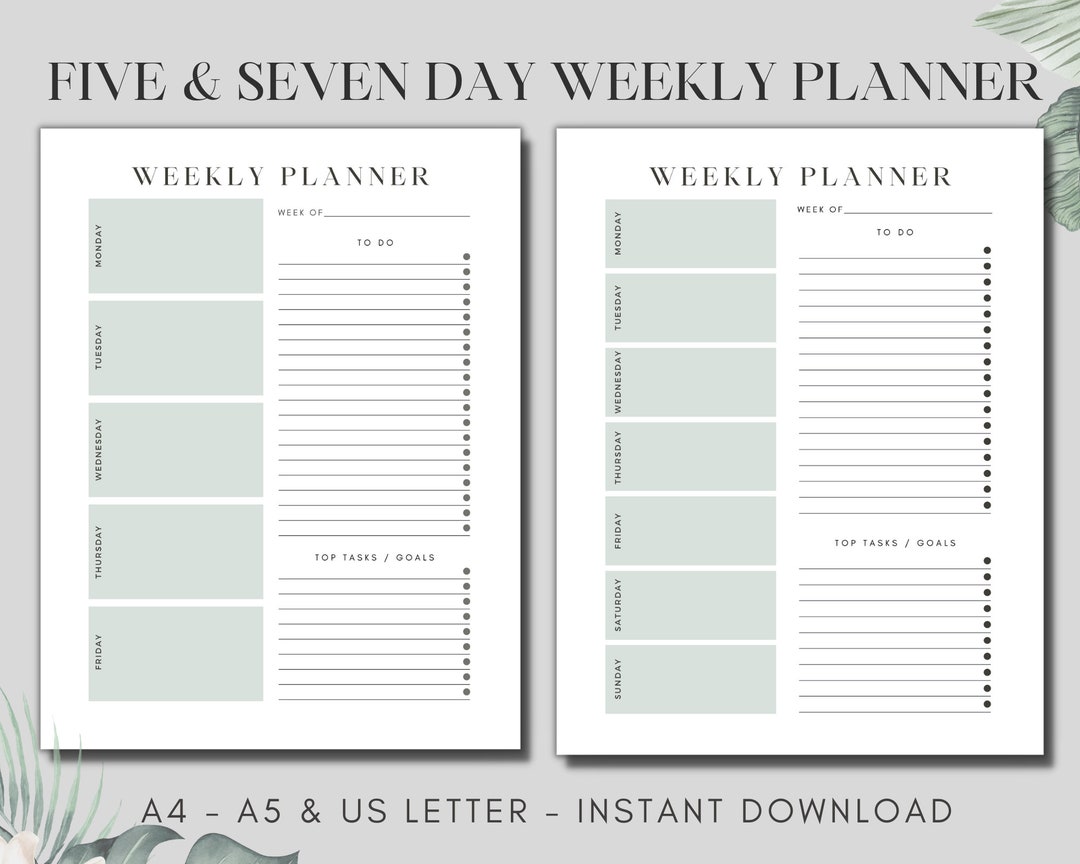 5 or 7 Day Weekly Planner Printable 2 Designs Multi Size Bundle - Etsy