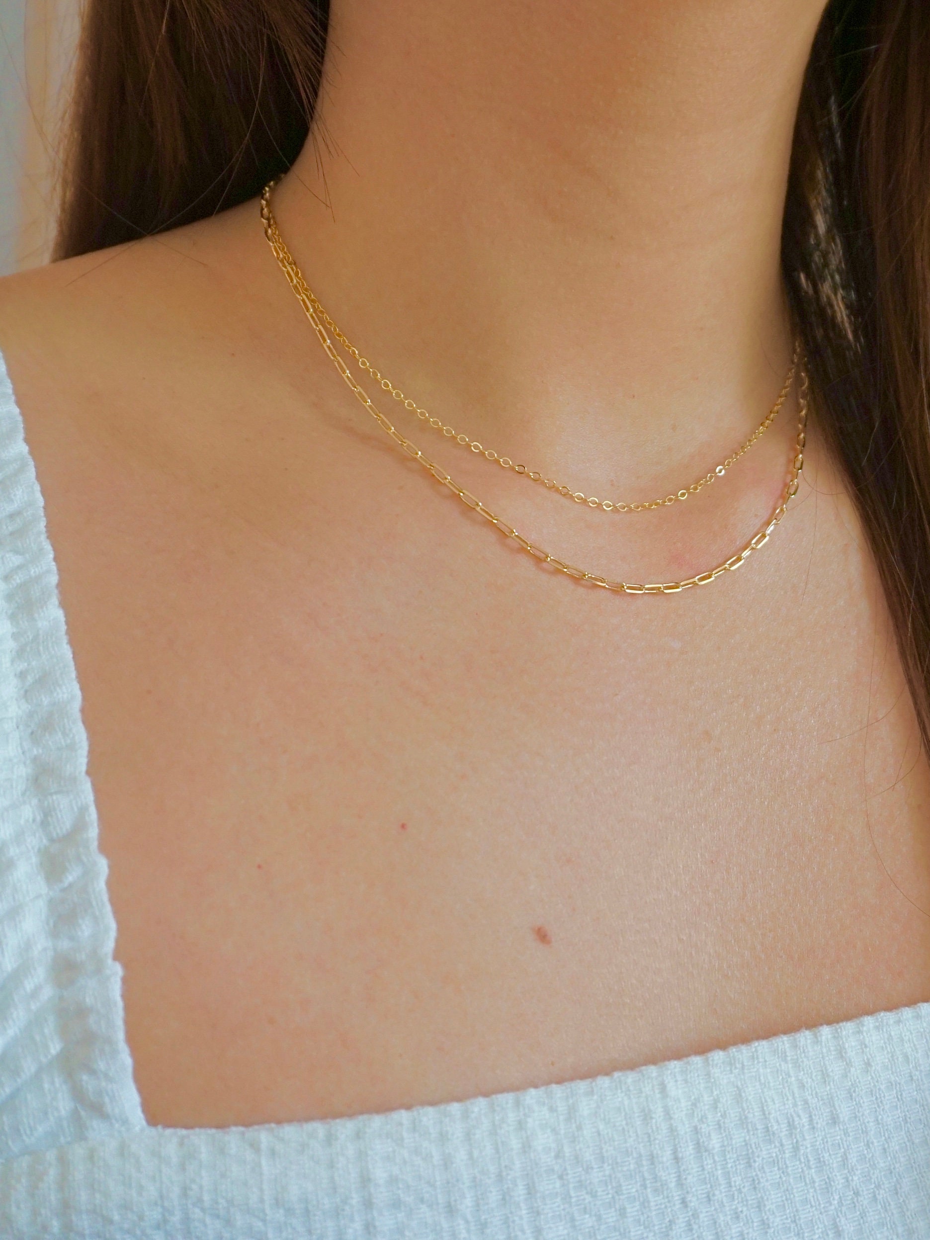 Double Layer Gold Necklace / Cable and Link Chain Choker Necklace / Two ...