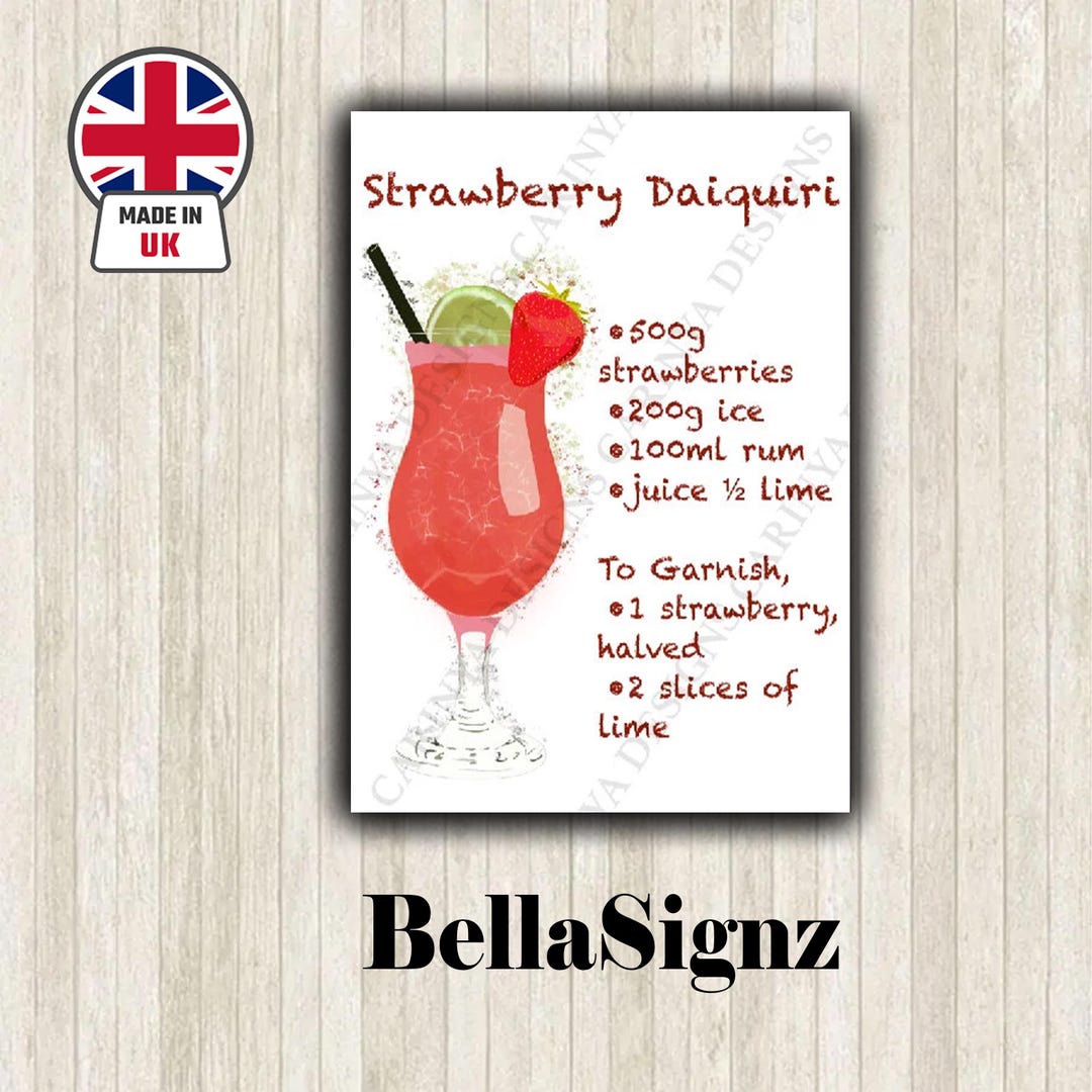 Strawberry Daiquiri Cocktail Recipe Metal Sign: Bar Decor - Etsy