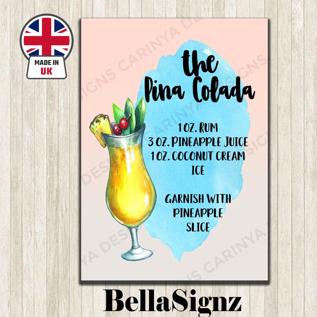 Pina Colada Cocktail Menu Metal Sign Pub Wall Plaque Novelty Gift Bar ...