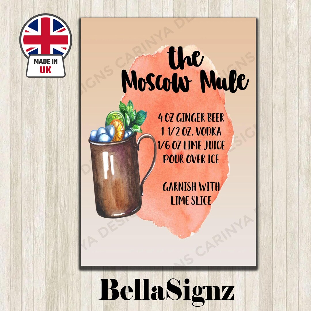 Moscow Mule Cocktail Menu Metal Sign Pub Wall Plaque Novelty Gift Bar ...