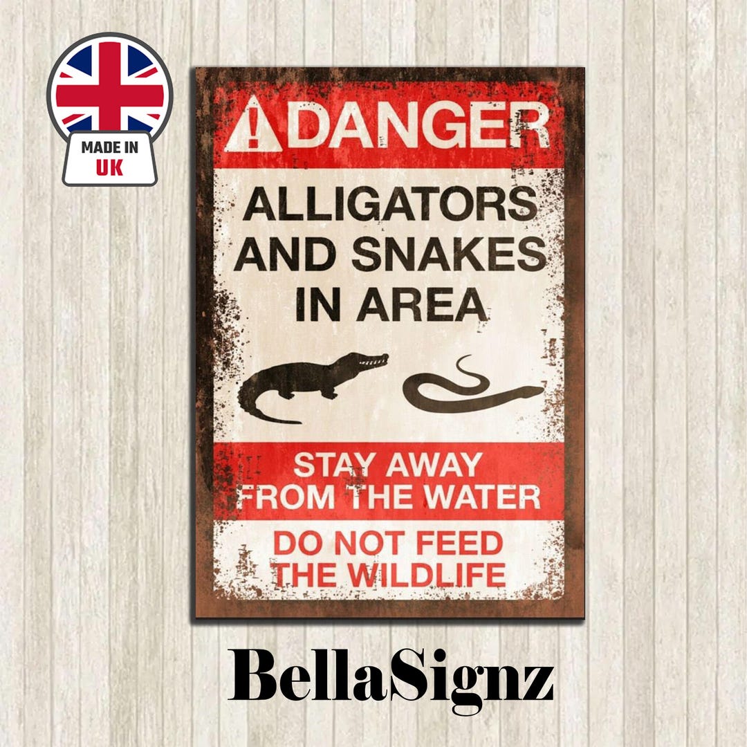 Alligators Snakes Warning Safety Sign Vintage Look Metal Plaque Lake ...
