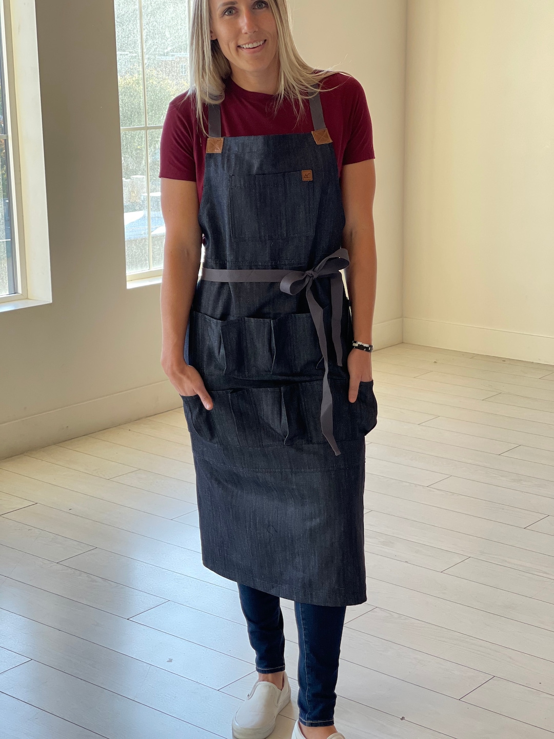 Modern Hand-sewn Egg Apron - Long, Dark Wash Denim and Brown Leather ...
