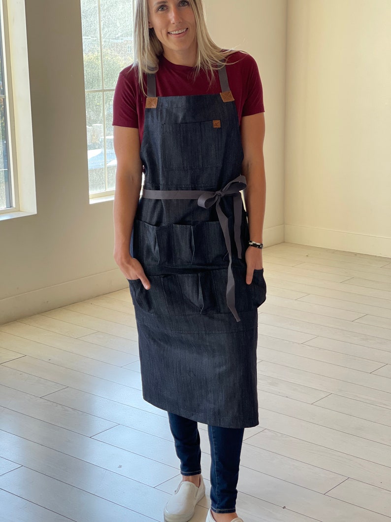 Modern Hand-sewn Egg Apron - Long, Dark Wash Denim and Brown Leather ...