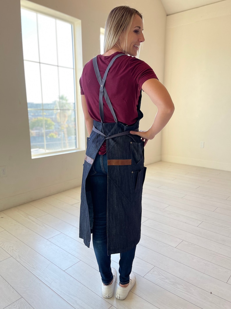 Modern Hand-sewn Egg Apron - Long, Dark Wash Denim and Brown Leather ...