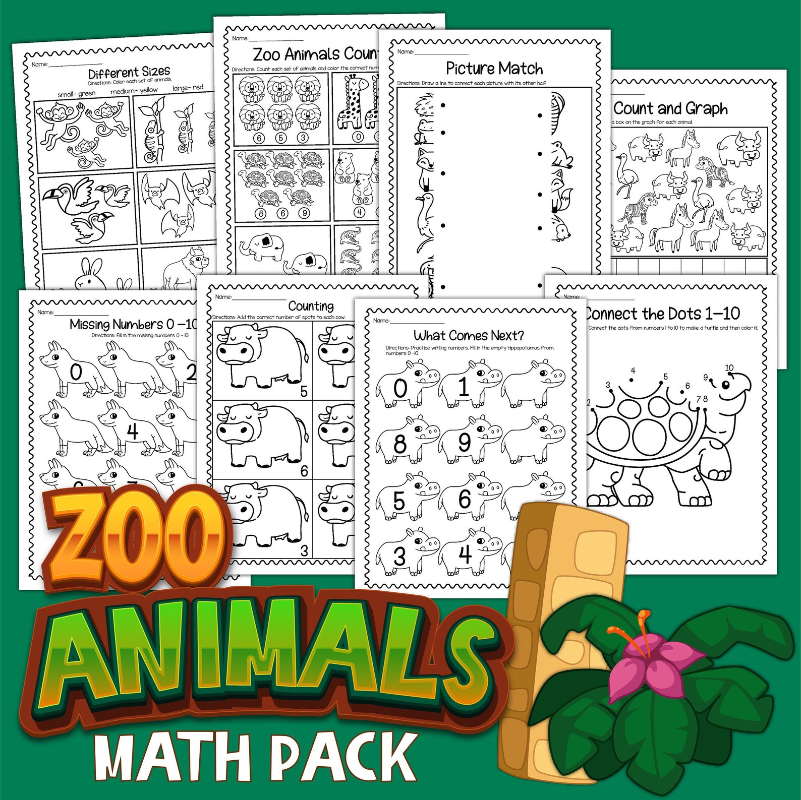 Zoo Animals Math Printable Set, Zoo Animals, Math, Printable Set ...