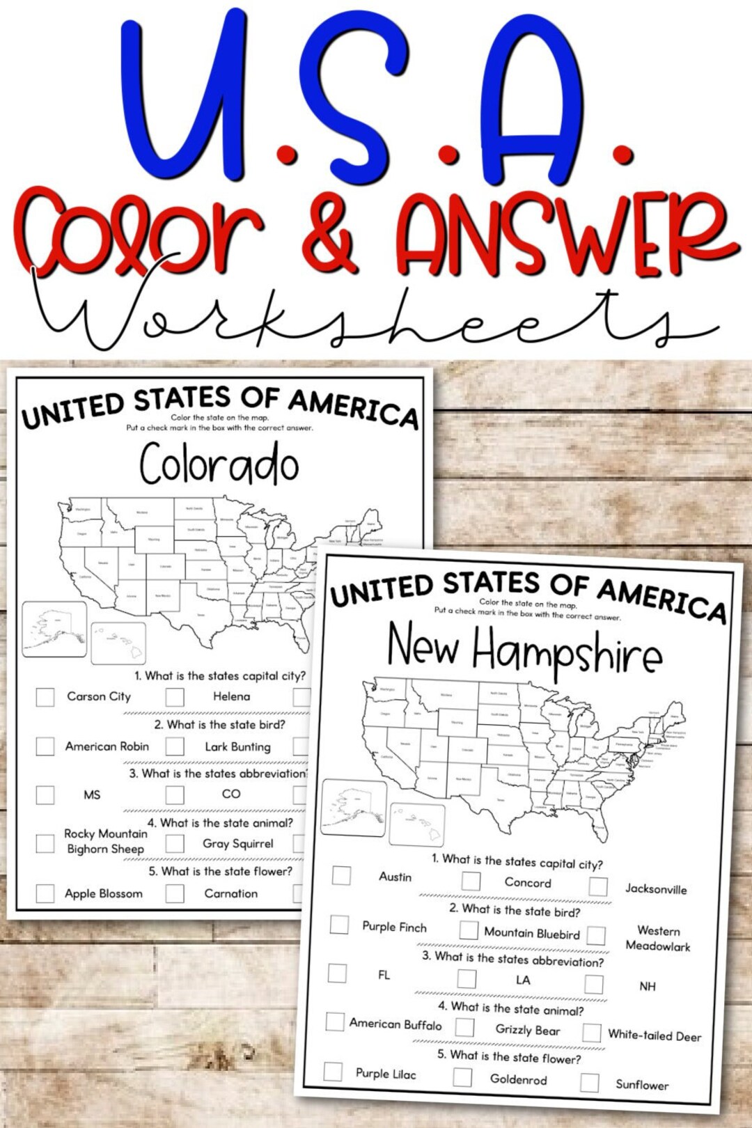 USA Color and Answer Worksheets, State Worksheets, United States ...