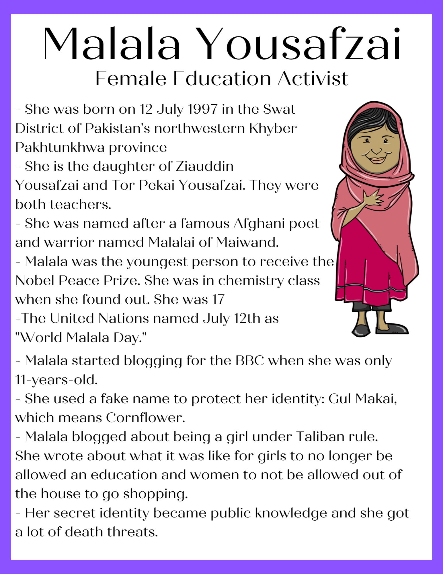 Malala Yousafzai Learning Pack, Instant Download, STEM Workbook ...