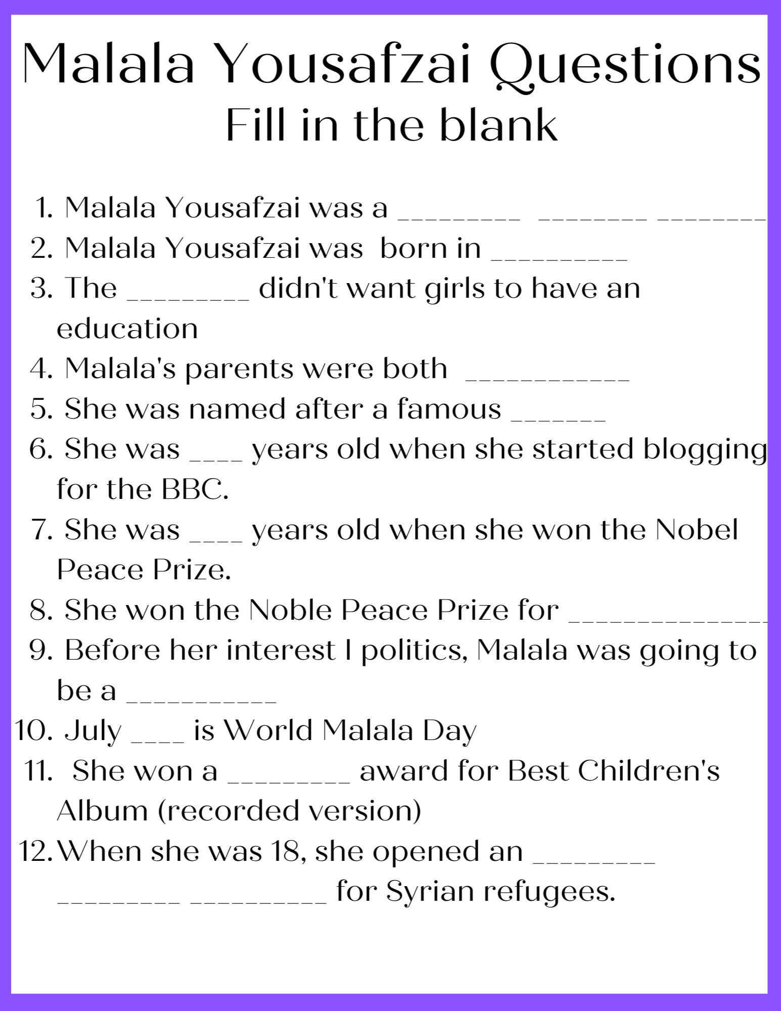 Malala Yousafzai Learning Pack, Instant Download, STEM Workbook ...