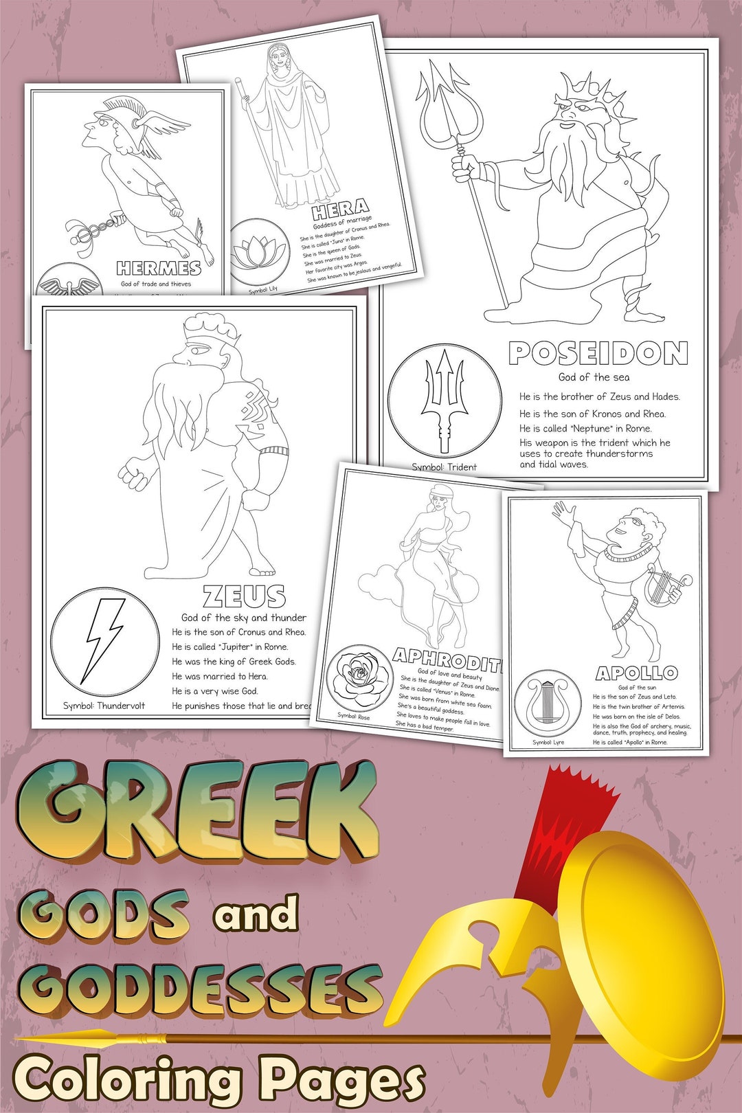 Greek Gods and Goddesses Coloring Pages, Digital Download, Instant ...