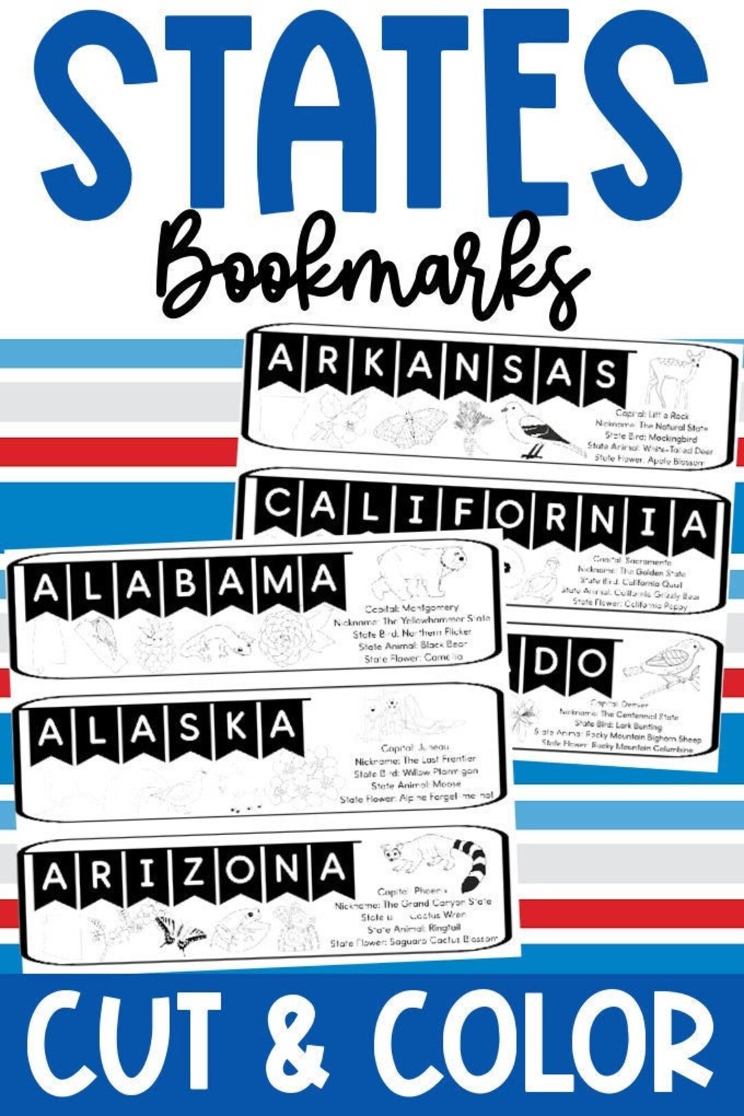 States Bookmarks Cut & Color, States, Bookmarks, Cut and Color, Digital ...