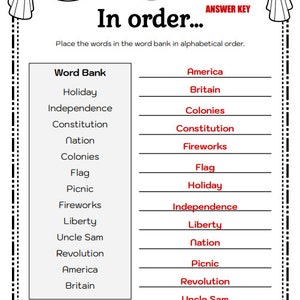4th of July Vocabulary Set, Vocabulary Set, Printable Download, Instant ...