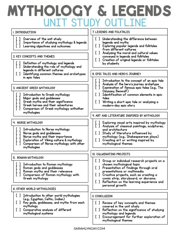 Mythology and Legends Unit Study Outline Mythology Mythical - Etsy