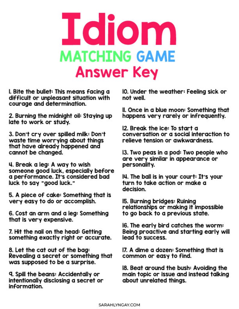 Idiom Matching Game Matching Game Idioms Digital Download - Etsy