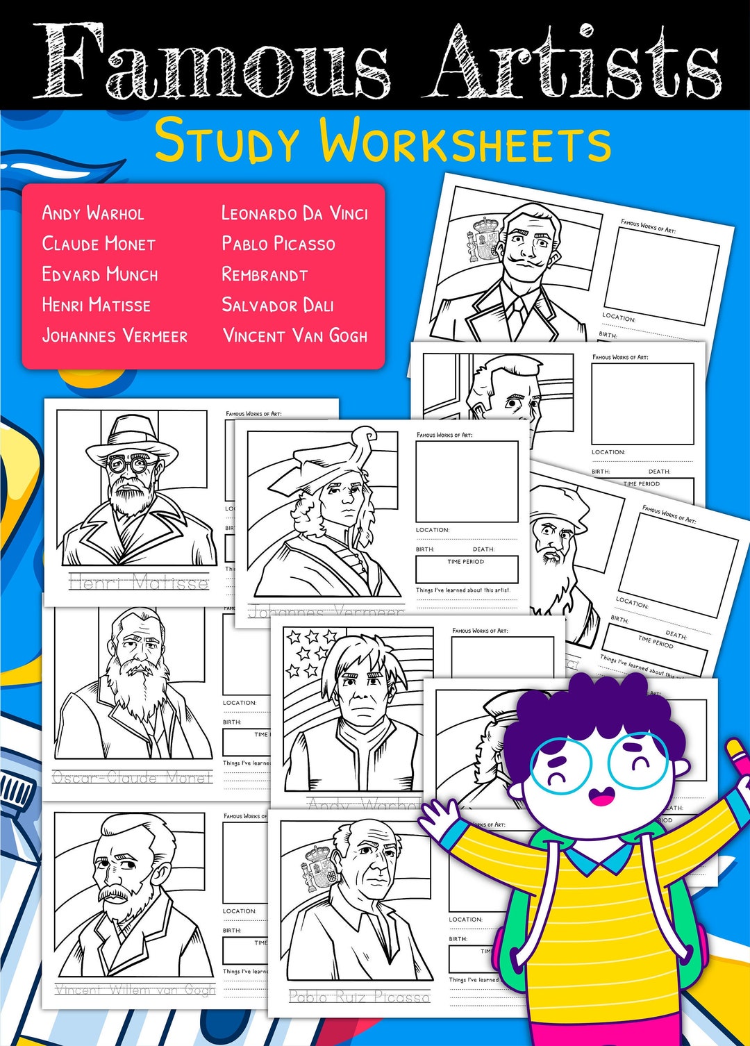 Famous Artist Worksheets Set, Famous Artists, Digital Download, Instant ...