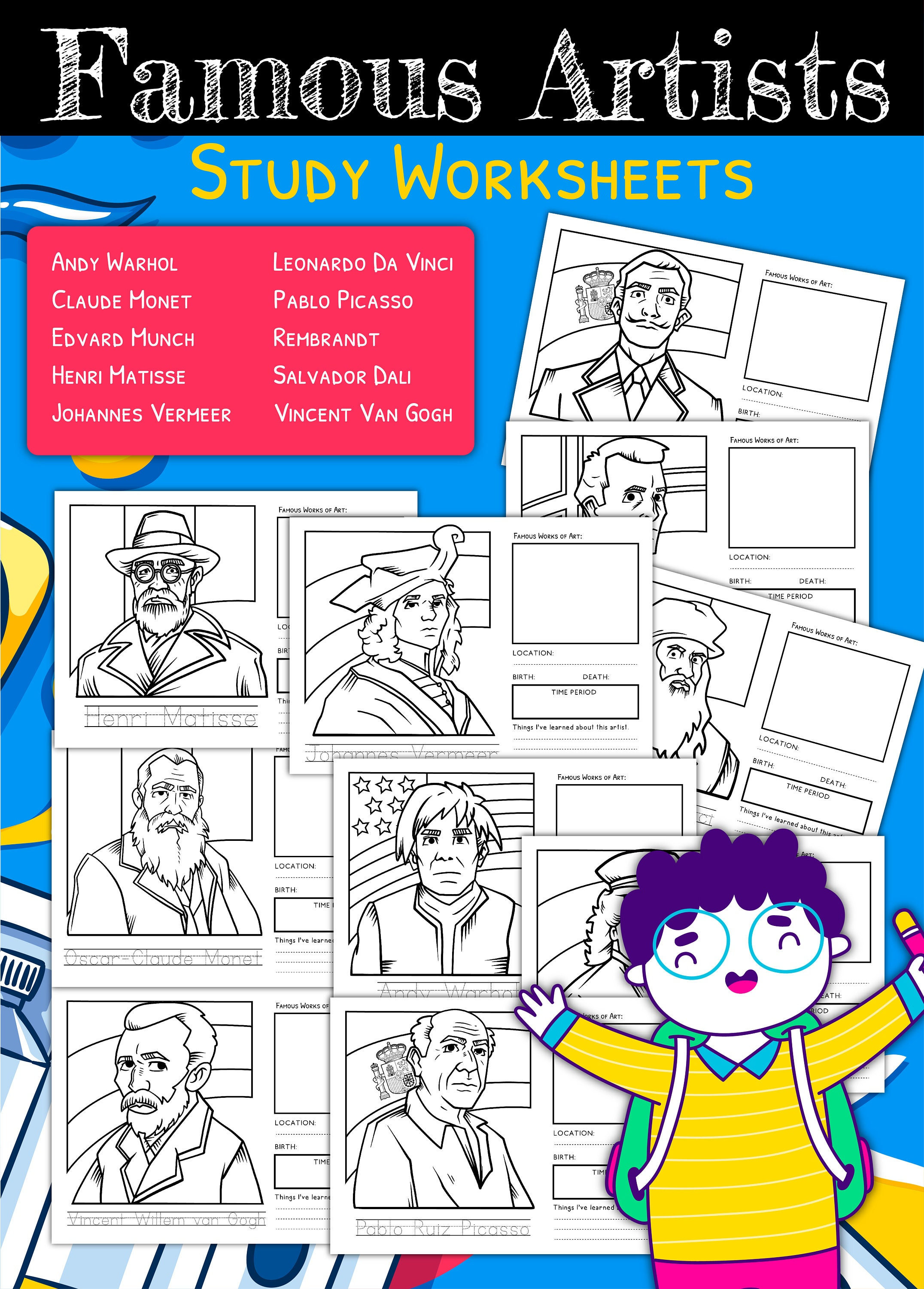 Famous Artist Worksheets Set, Famous Artists, Digital Download, Instant ...