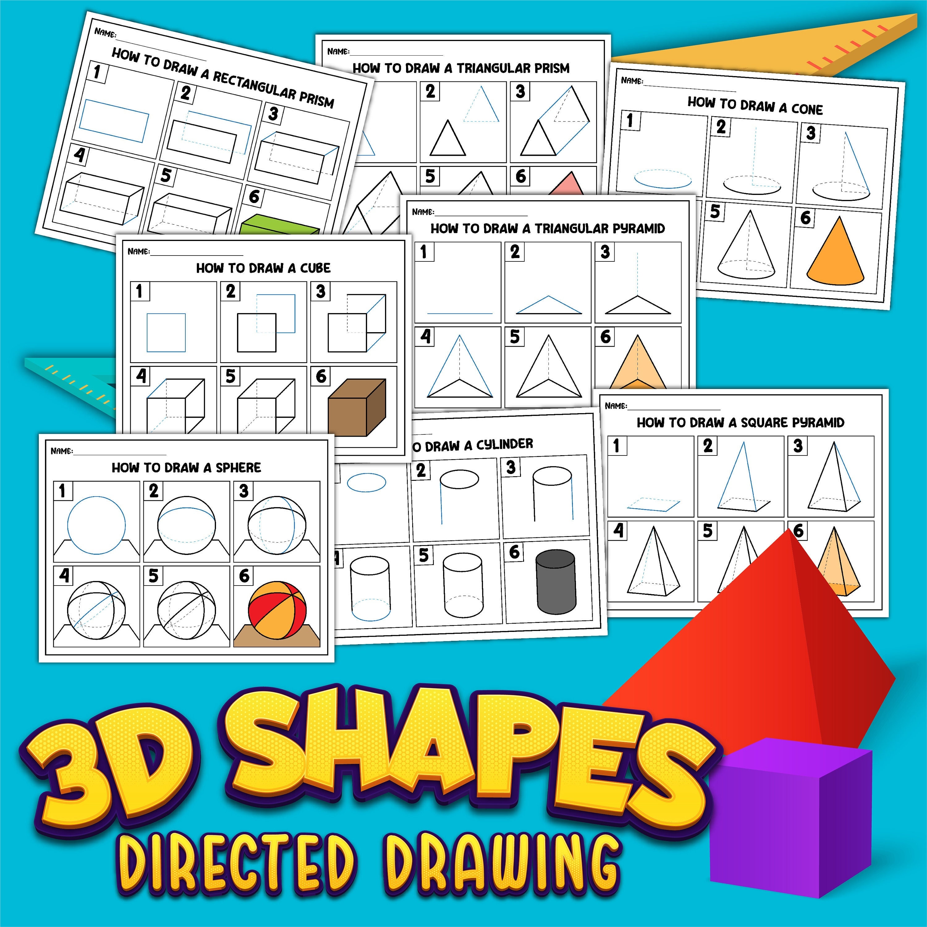 3D Shapes Directed Drawing Set, 3D Shapes, Directed Drawing, Digital ...
