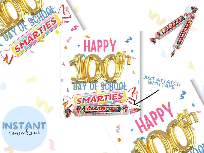 100th Day of School Smarties Tags, Printable Class Favor (digital ...