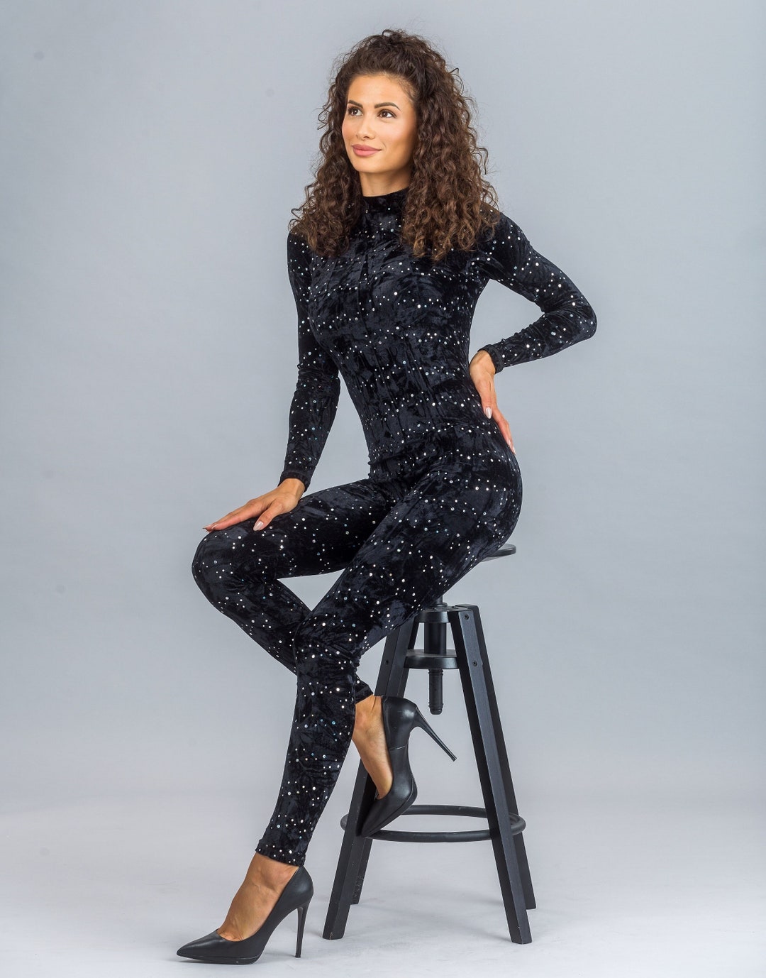 Black Sparkle Stretch Velvet Catsuit Jumpsuit Unitard Bodysuit Long ...