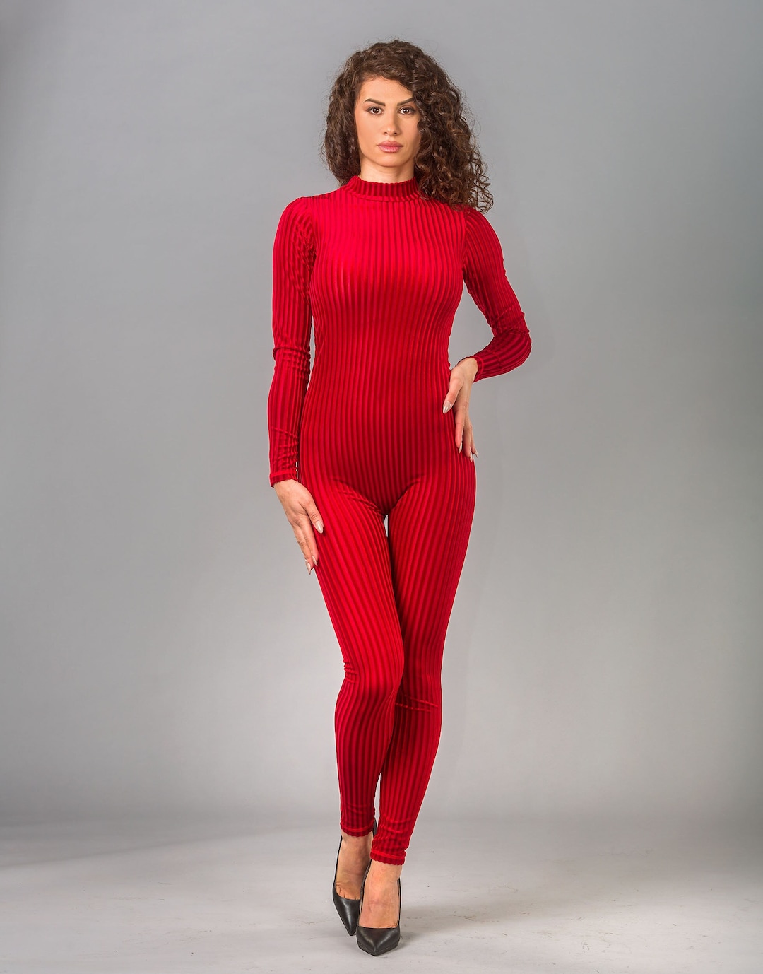 Luxury Red Stretch Velvet and Mesh Catsuit, Velvet Jumpsuit, Bodysuit ...